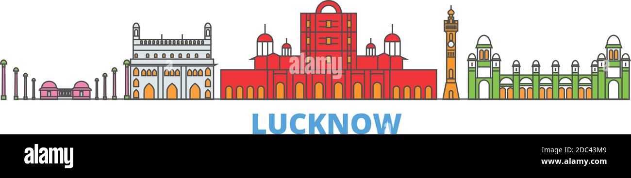 India, Lucknow line cityscape, flat vector. Travel city landmark ...