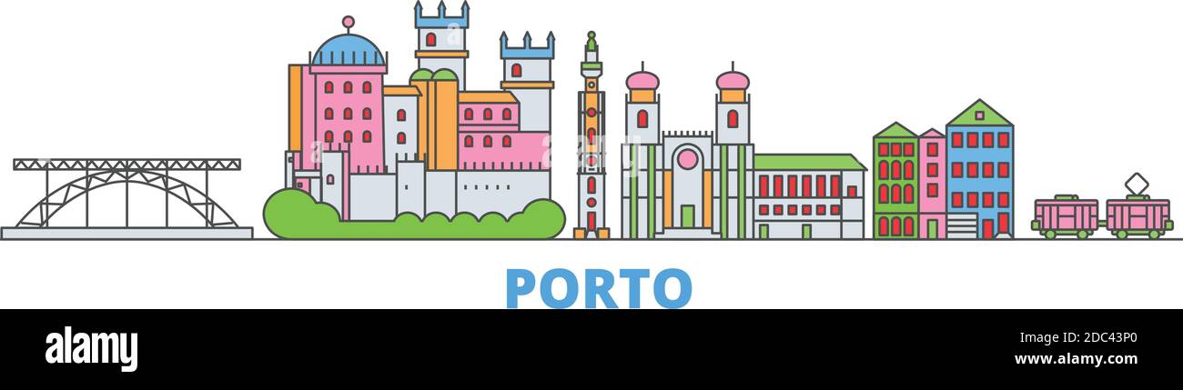 Portugal, Porto line cityscape, flat vector. Travel city landmark ...