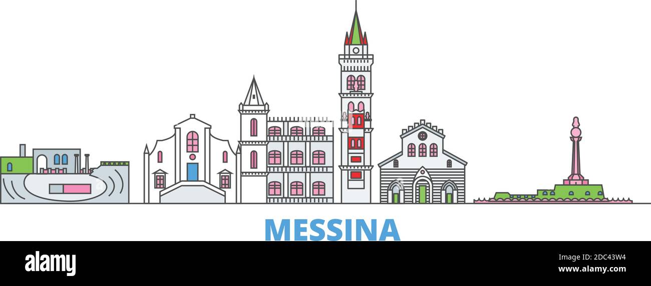 Italy, Messina line cityscape, flat vector. Travel city landmark ...