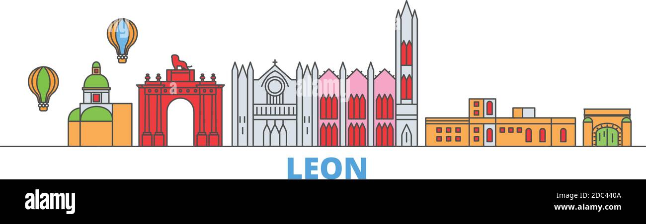 Mexico, Leon line cityscape, flat vector. Travel city landmark, oultine ...