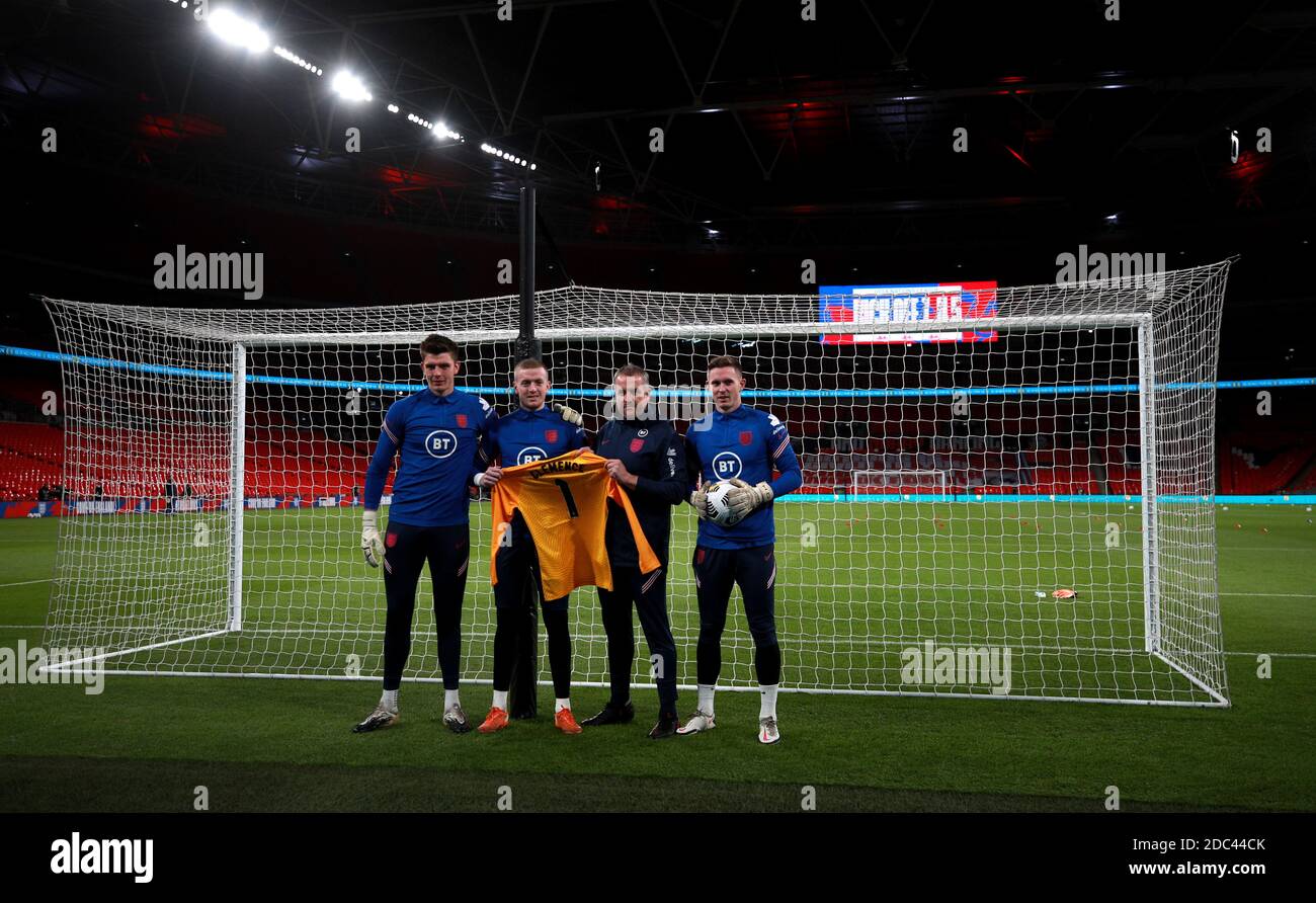 England goalkeepers Nick Pope (left), Jordan Pickford (second left) and ...