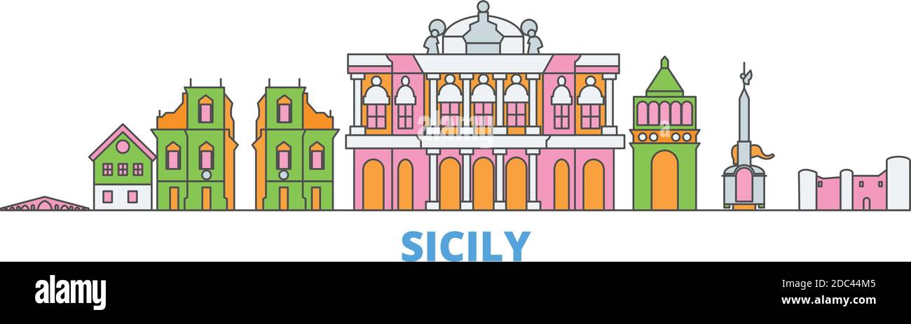 Italy, Sicily line cityscape, flat vector. Travel city landmark ...