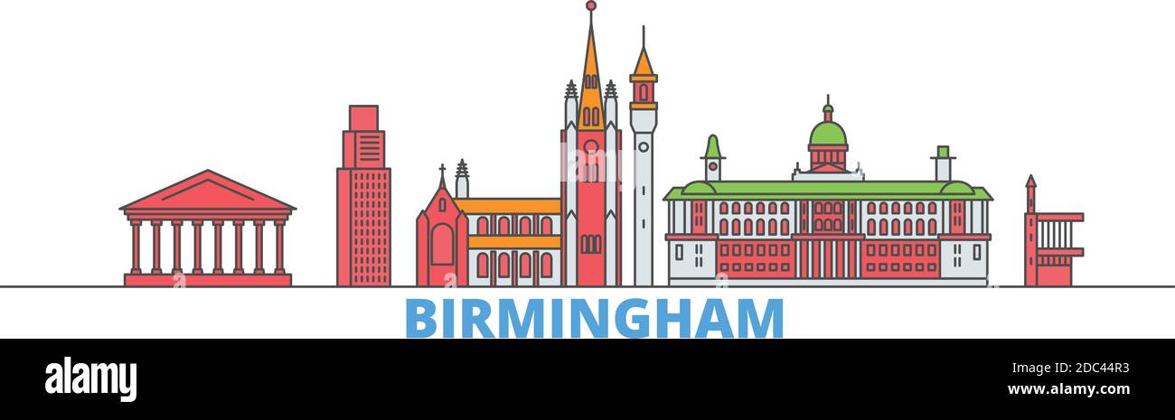 United Kingdom, Birmingham line cityscape, flat vector. Travel city ...