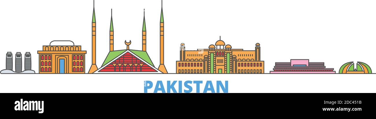 Pakistan, Islamabad line cityscape, flat vector. Travel city landmark ...