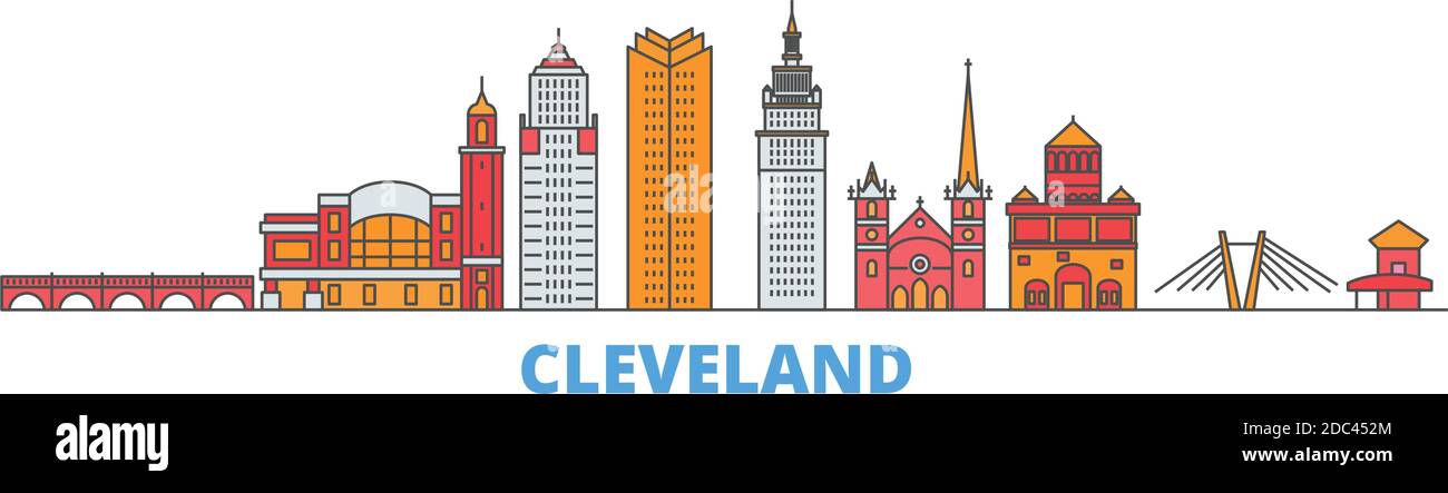 United States, Cleveland line cityscape, flat vector. Travel city ...