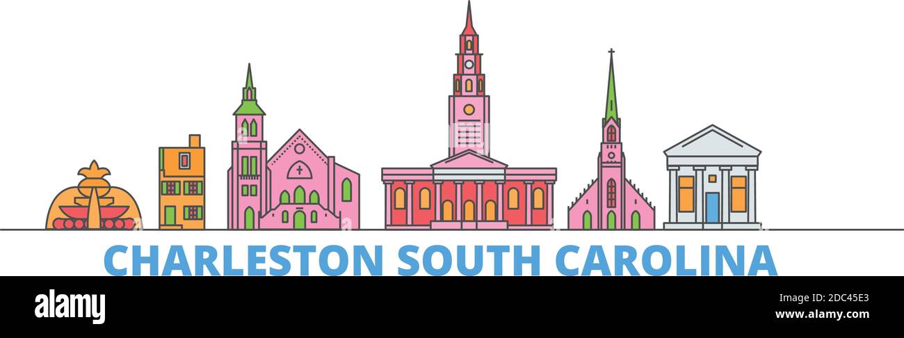 United States, Charleston South Carolina line cityscape, flat vector ...