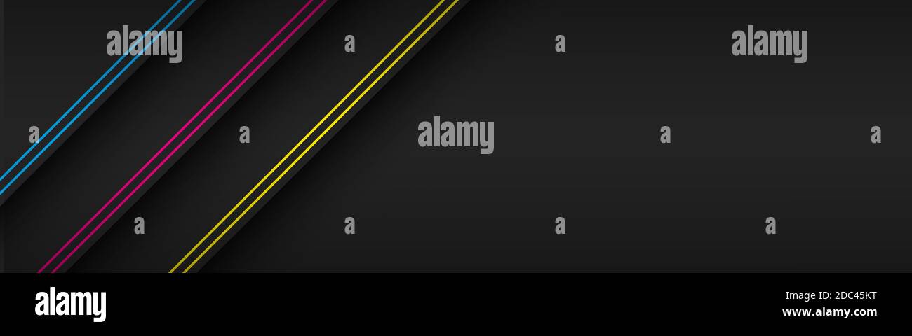 Black modern material header with diagonal lines in cmyk colors. Banner ...