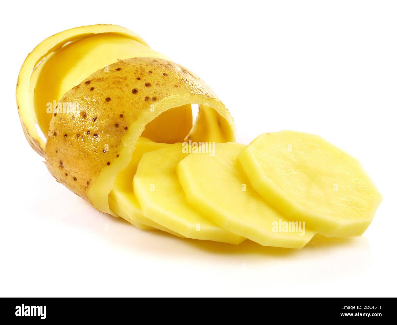 Peeled Potato with Potato Slices isolated on white Background Stock ...
