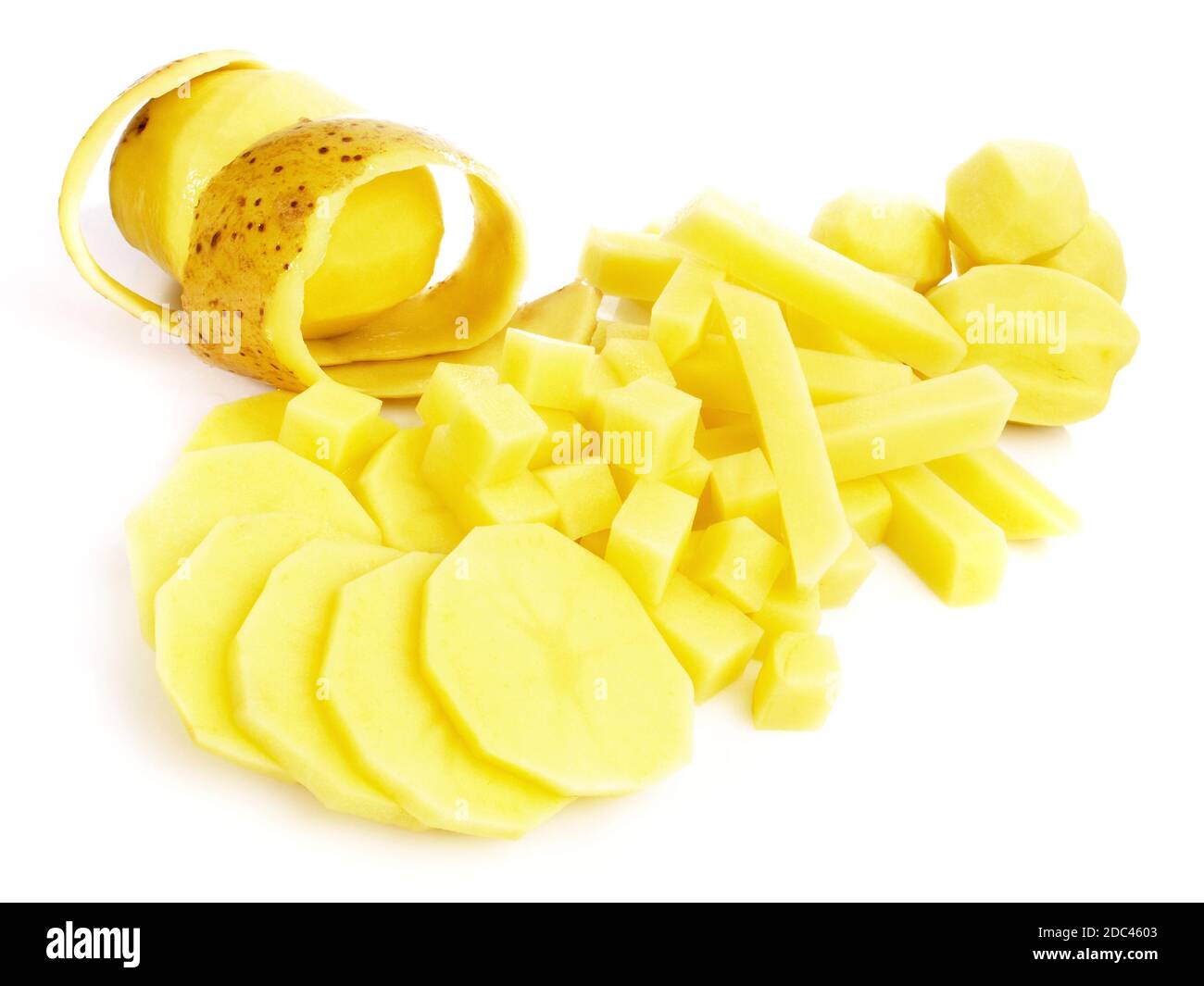 Peeled Potato in various cuts isolated on white Background - Cutting ...