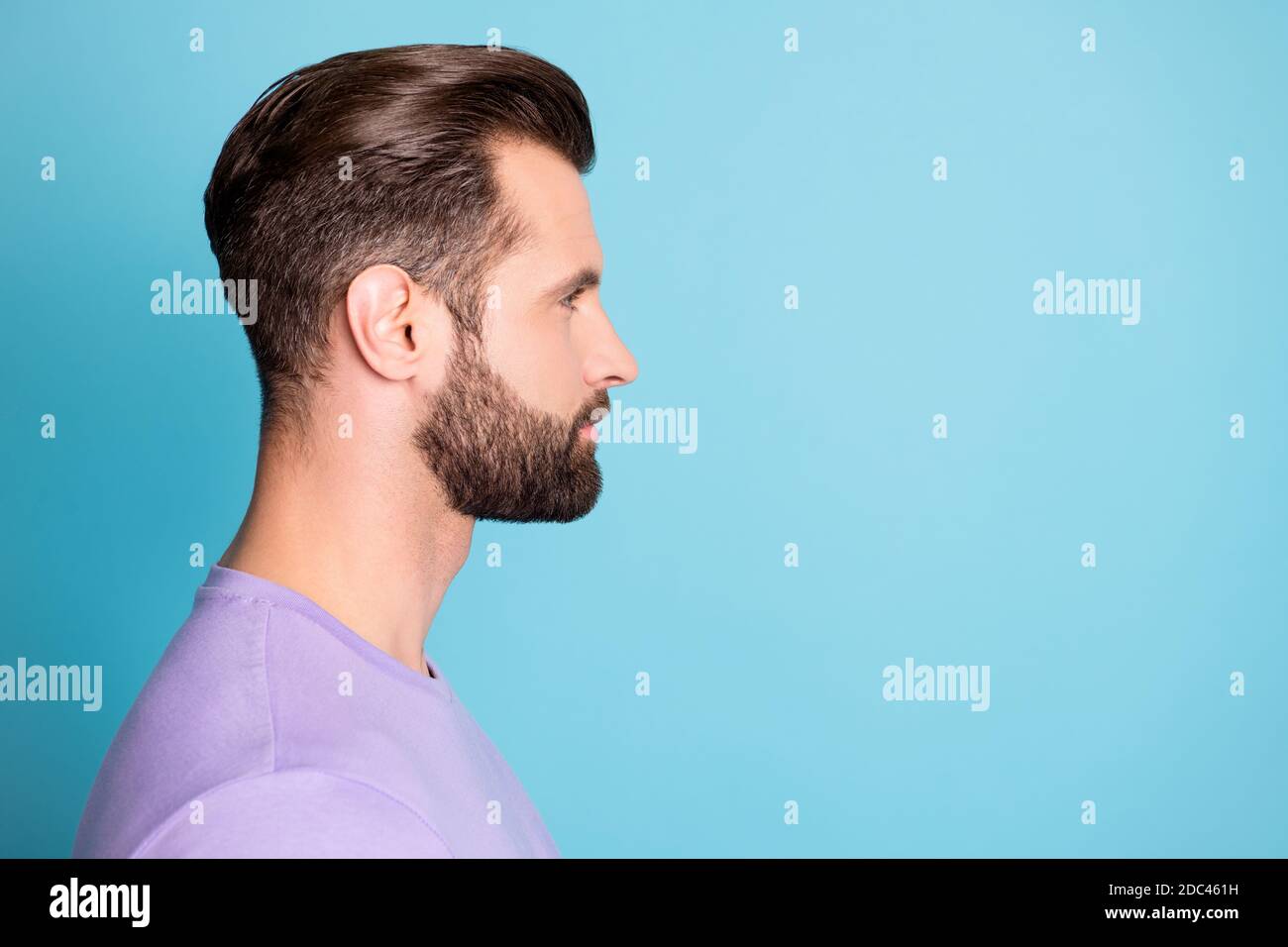 Profile side photo of young handsome man confident smart look empty ...