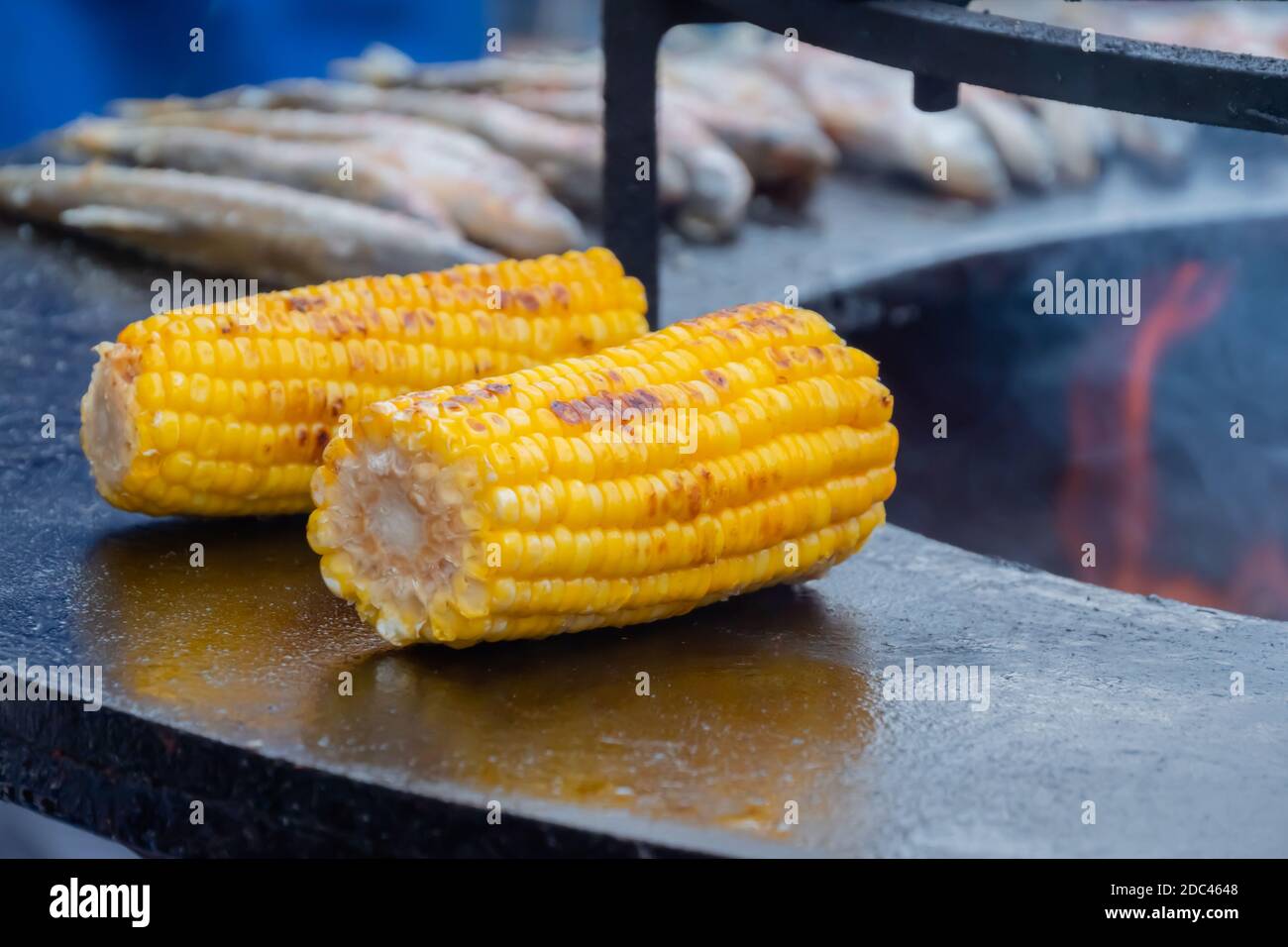 Process of grilling healthy yellow corn on brazier at street food ...