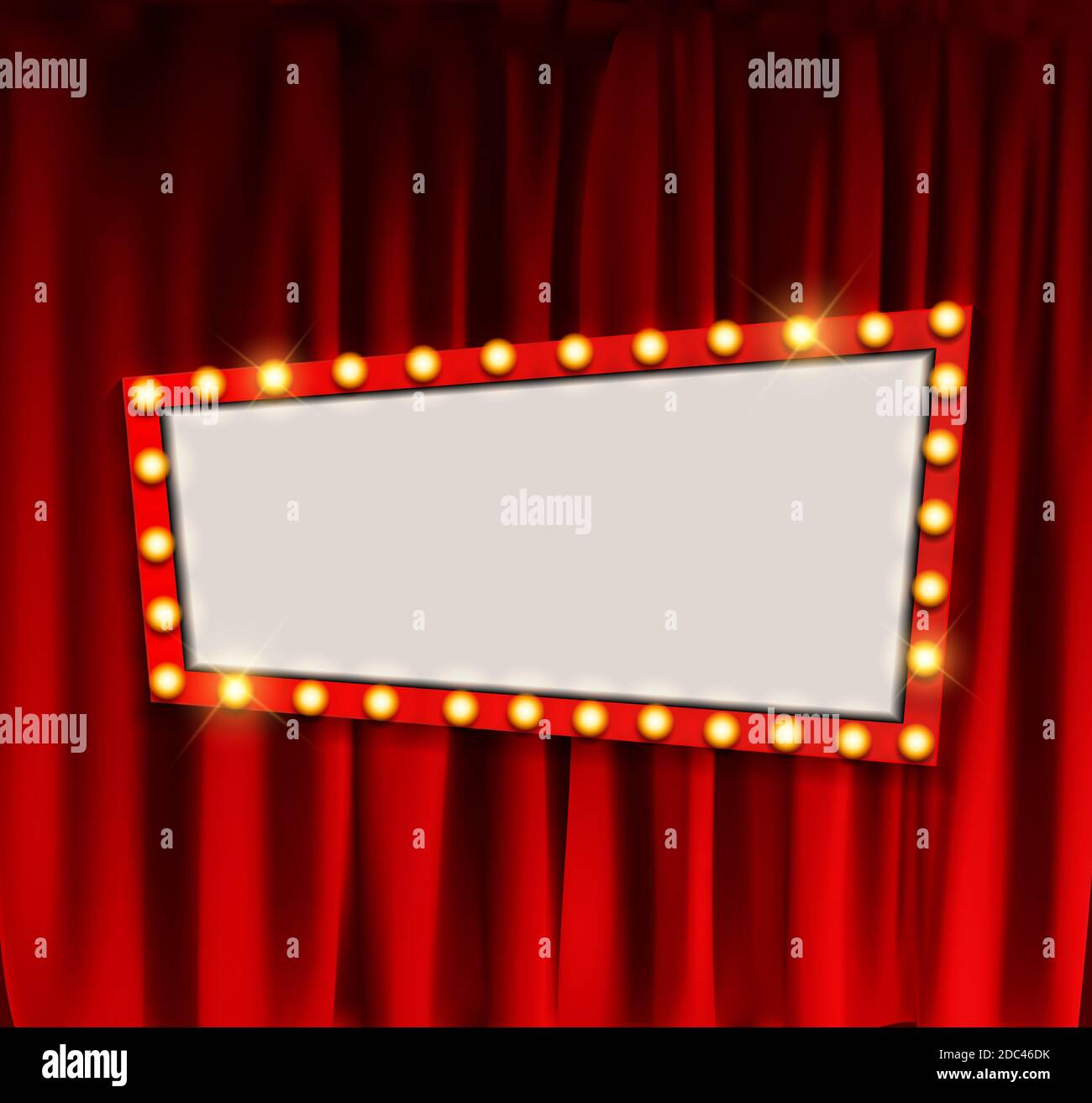 Realistic retro cinema announcement board with bulb frame on curtains ...