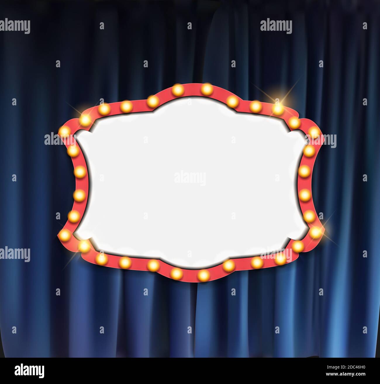 Realistic retro cinema announcement board with bulb frame on curtains ...