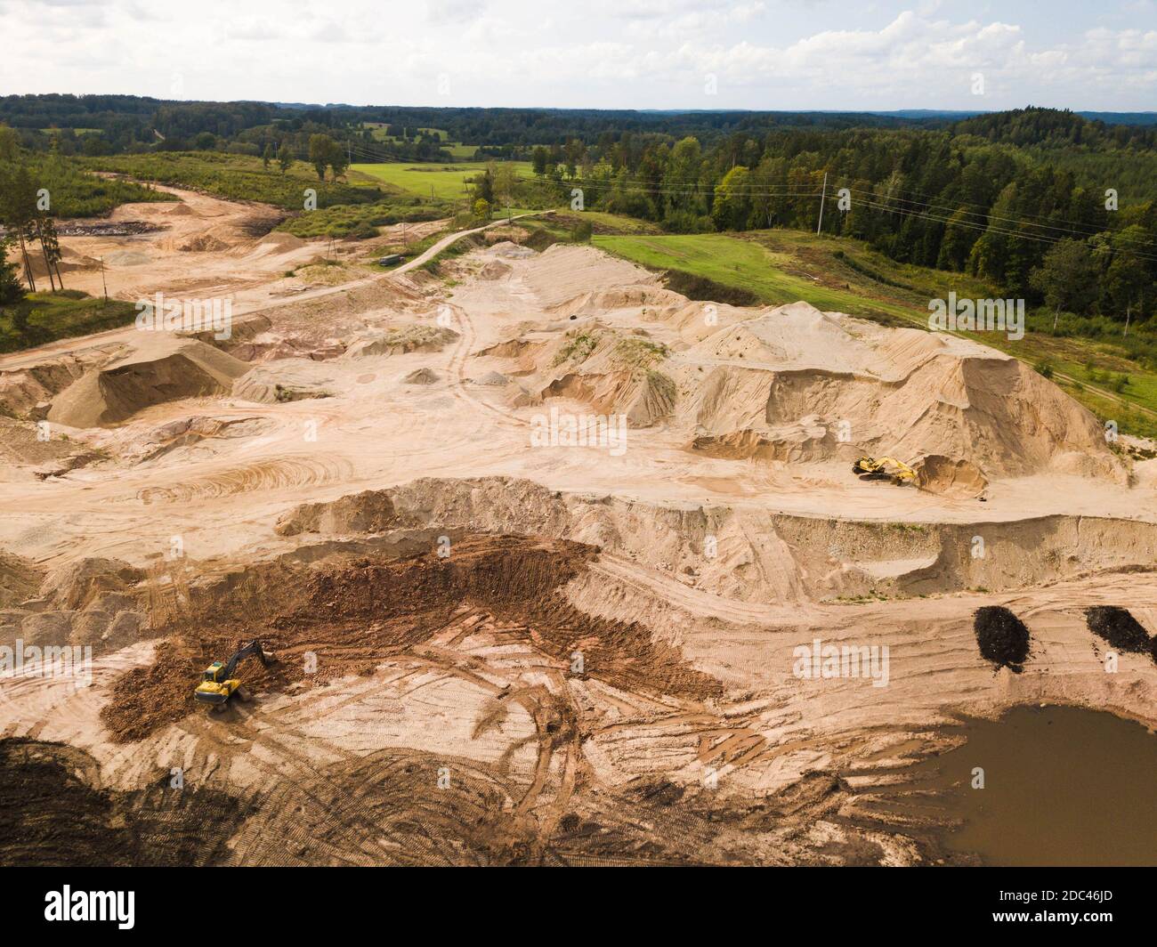 Aerial photo. Excavators at construction site. Earthmoving at open pit ...