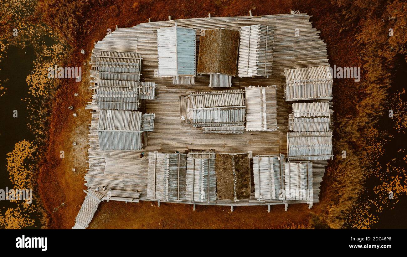 View from above of ancient wooden settlement. Historical reconstruction ...