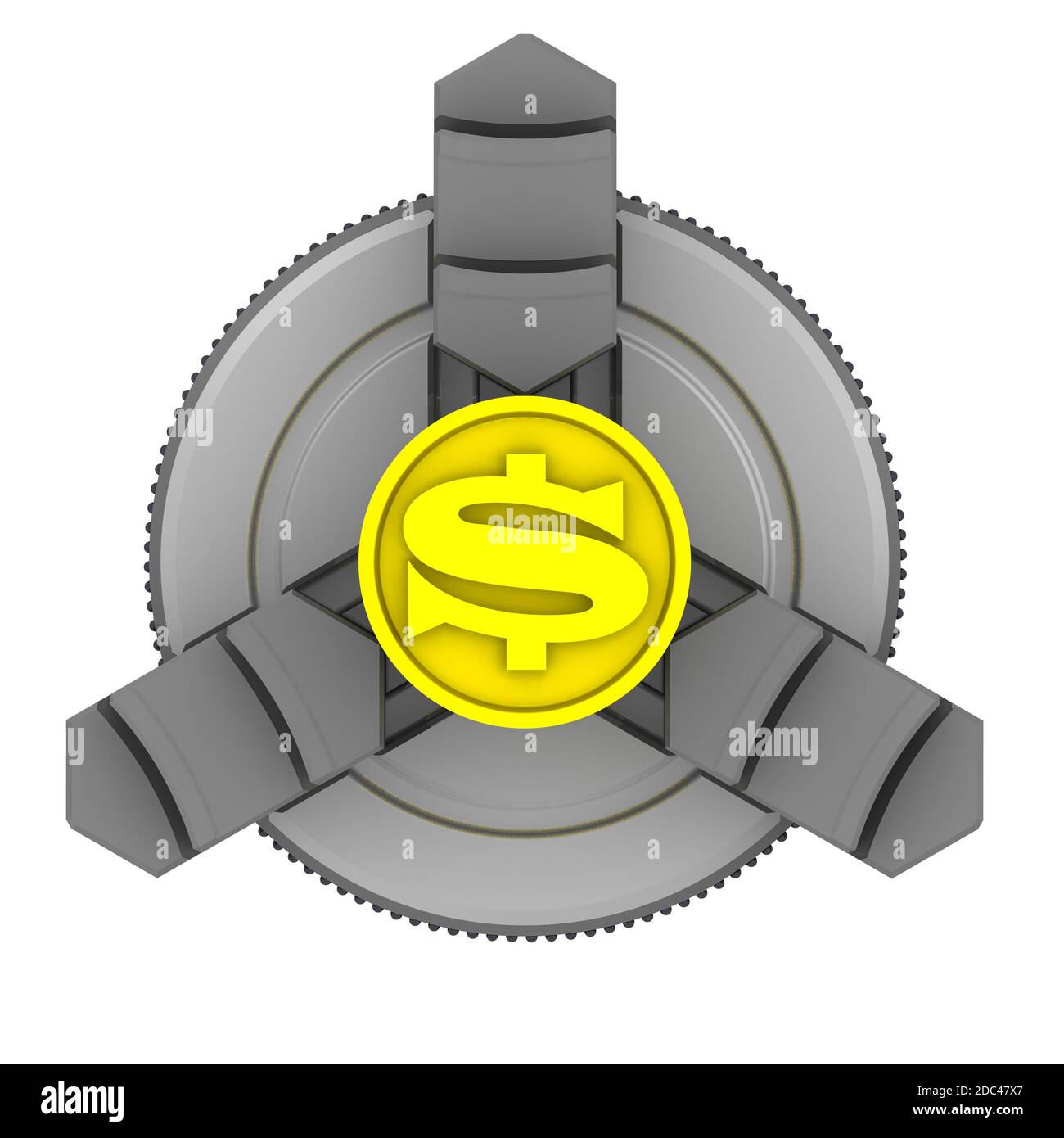Lathe chuck and workpiece with the symbol of the US dollar.Gold billet ...