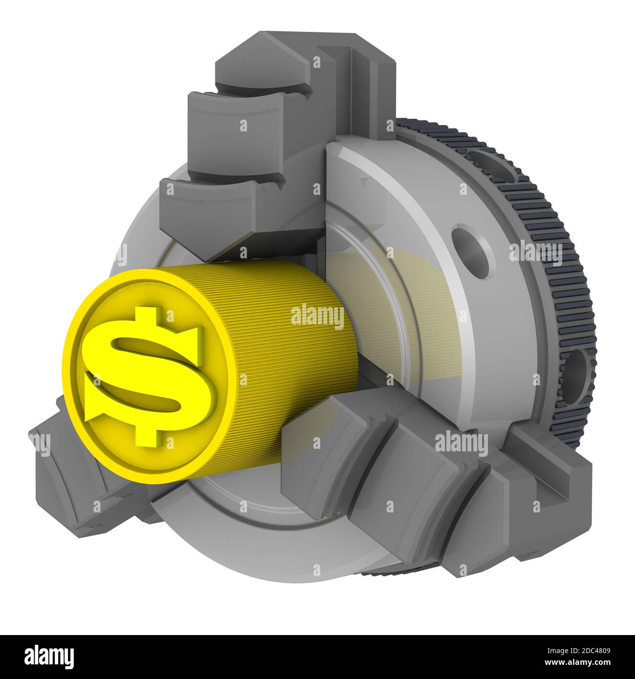 Lathe chuck and workpiece with the symbol of the US dollar.Gold billet ...