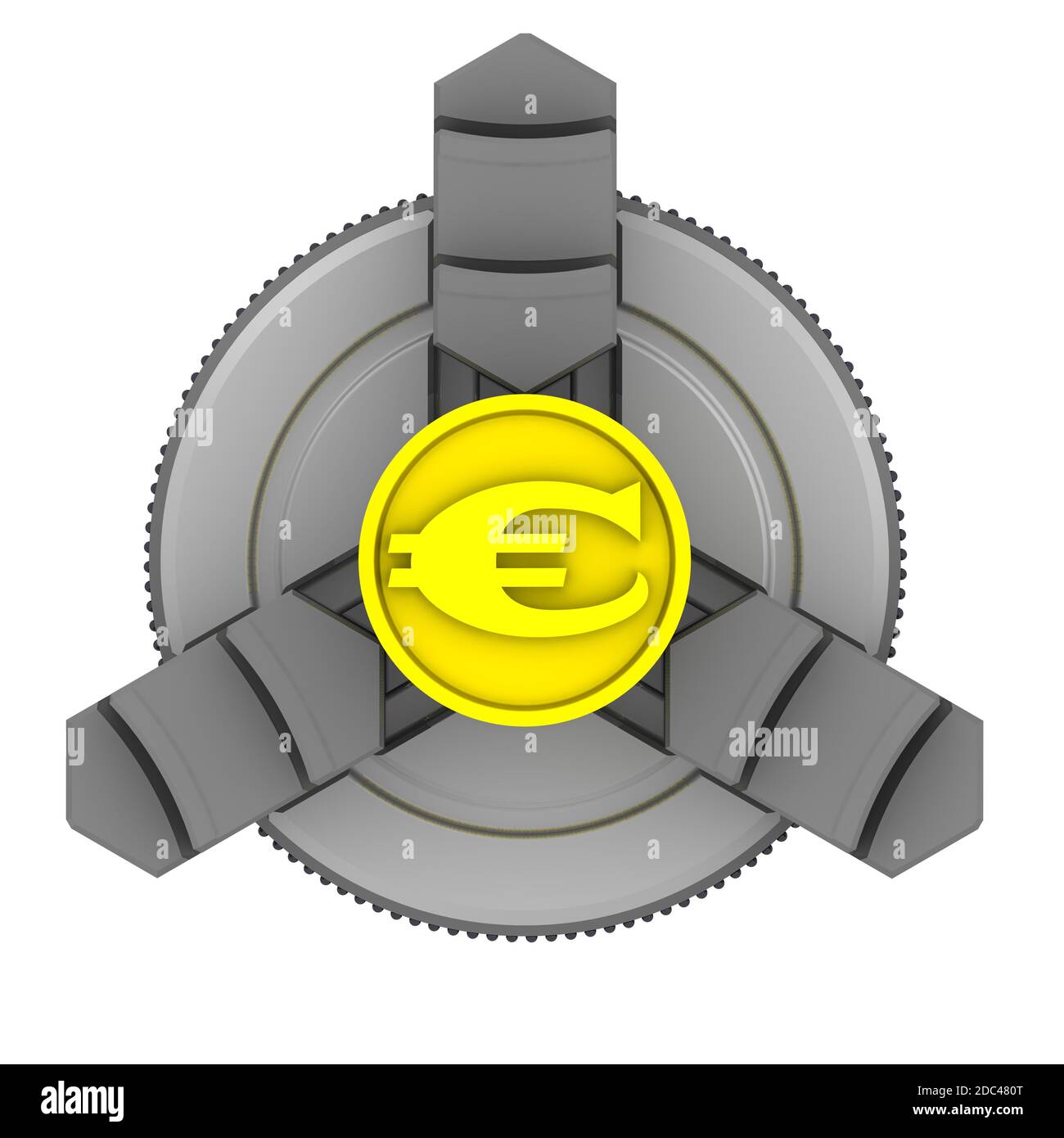 Lathe chuck and workpiece with the symbol of the European currency ...