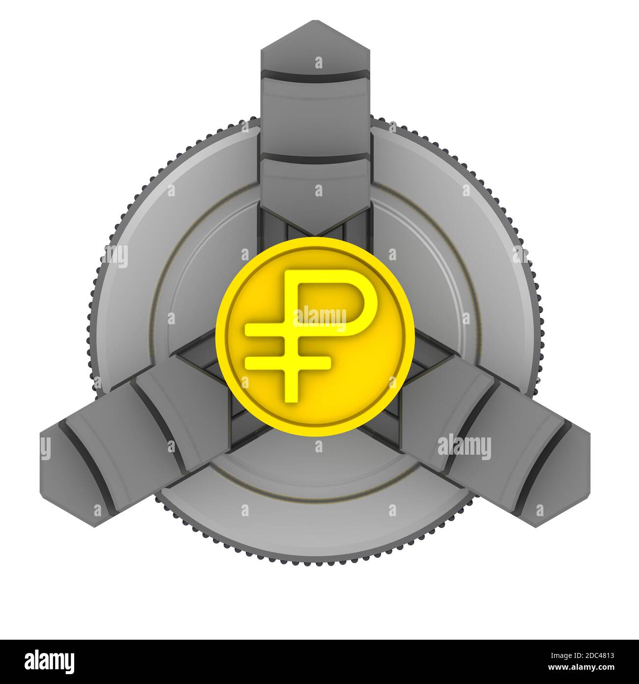 Lathe chuck and workpiece with the symbol of the Russian ruble. Gold ...