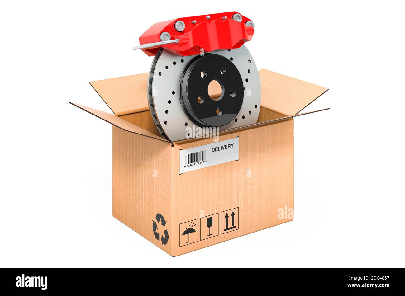 Car disc brake with caliper inside cardboard box, delivery concept. 3D ...