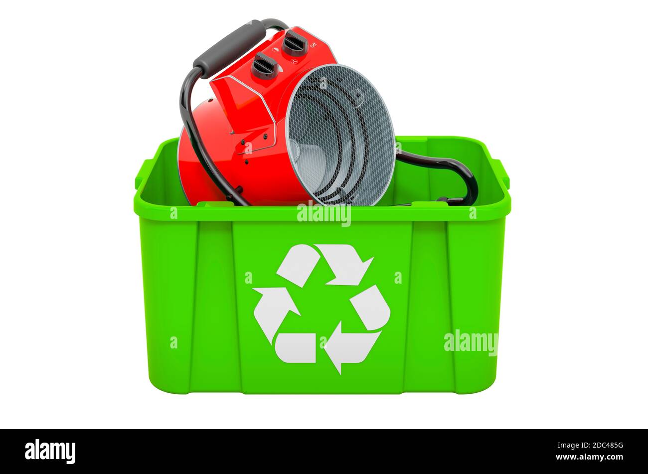 Recycling trashcan with industrial fan heater, 3D rendering isolated on ...