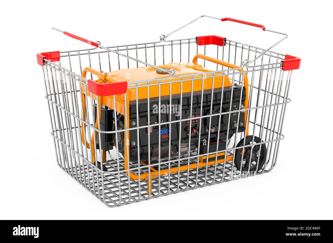 Shopping basket with gasoline generator, 3D rendering isolated on white ...