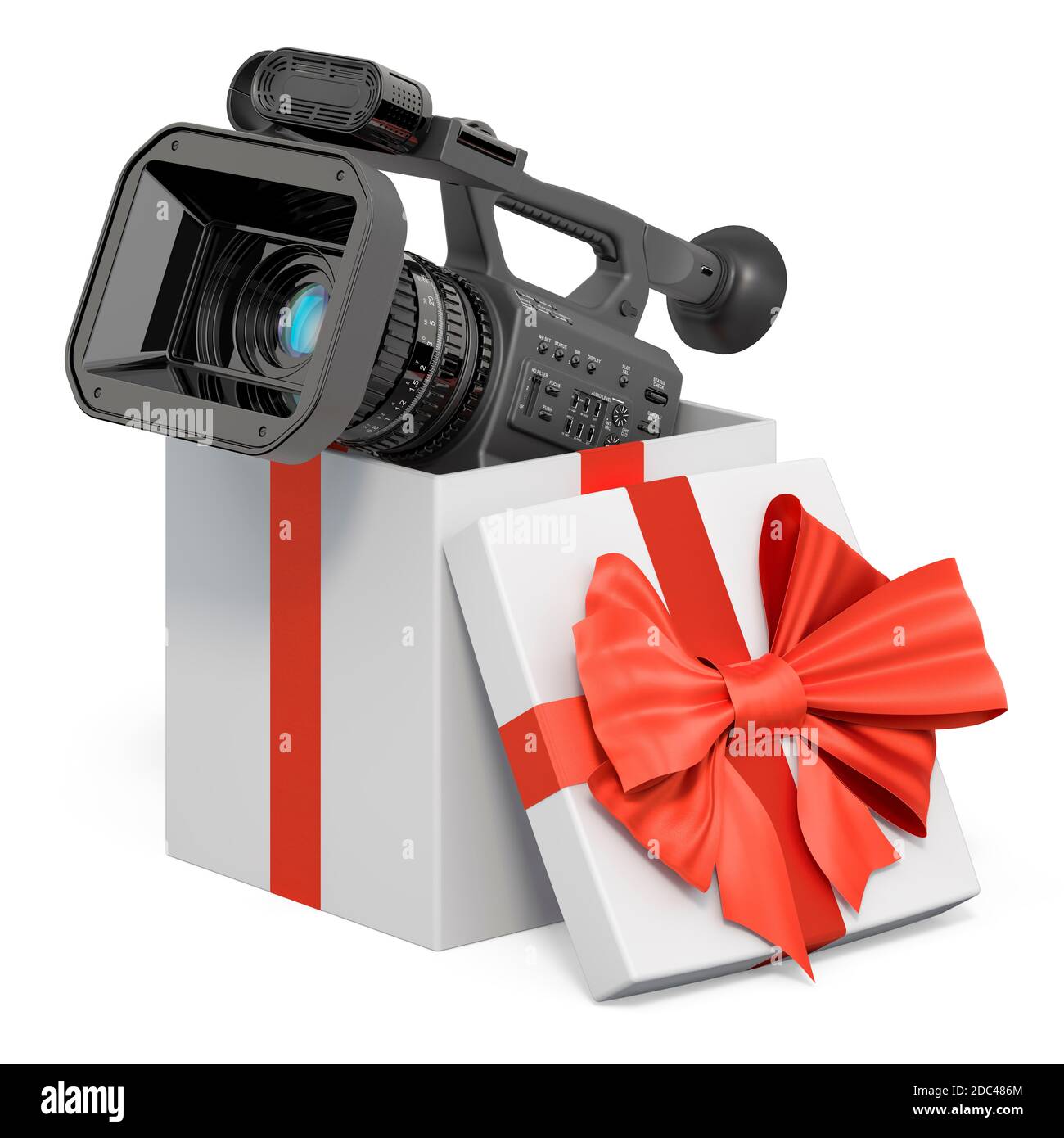 Professional video camera, television camera inside gift box, present ...