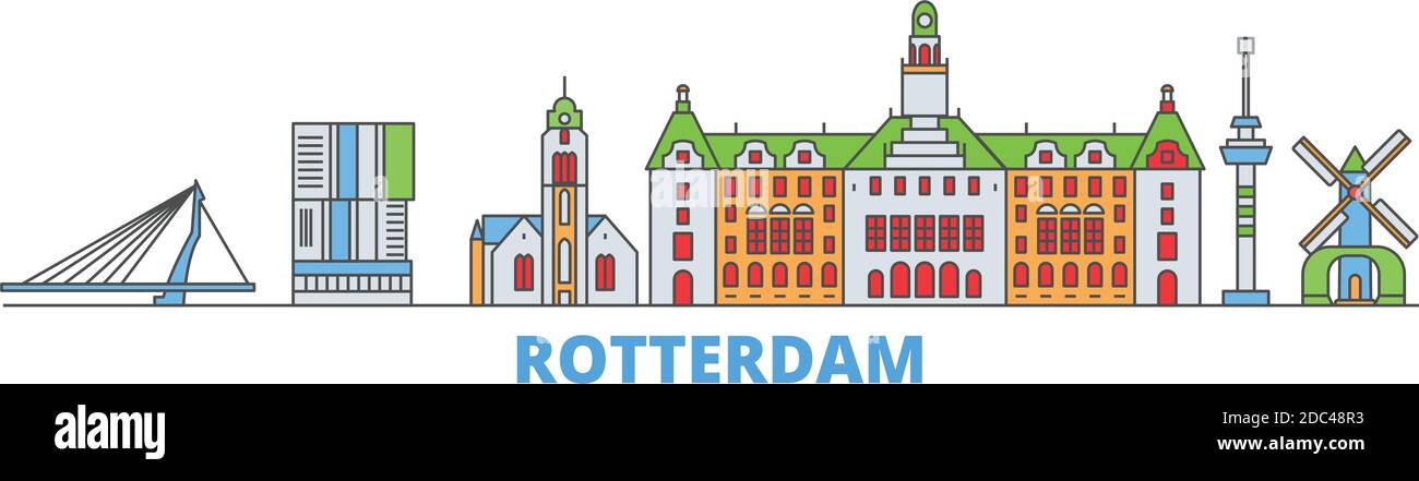 Netherlands, Rotterdam line cityscape, flat vector. Travel city ...