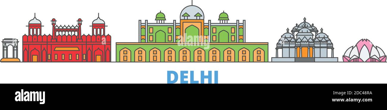 India, Delhi line cityscape, flat vector. Travel city landmark, oultine ...