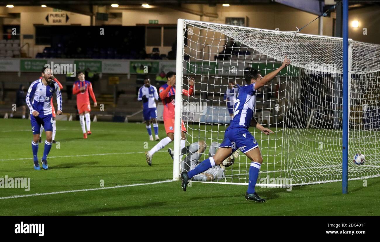 Bristol Rovers' Josh Hare (centre) celebrates scoring his side's fourth ...