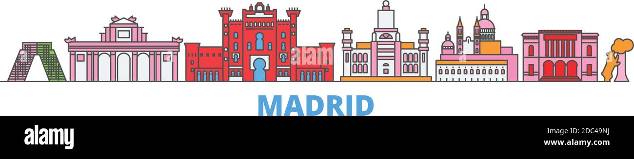 Spain, Madrid line cityscape, flat vector. Travel city landmark ...