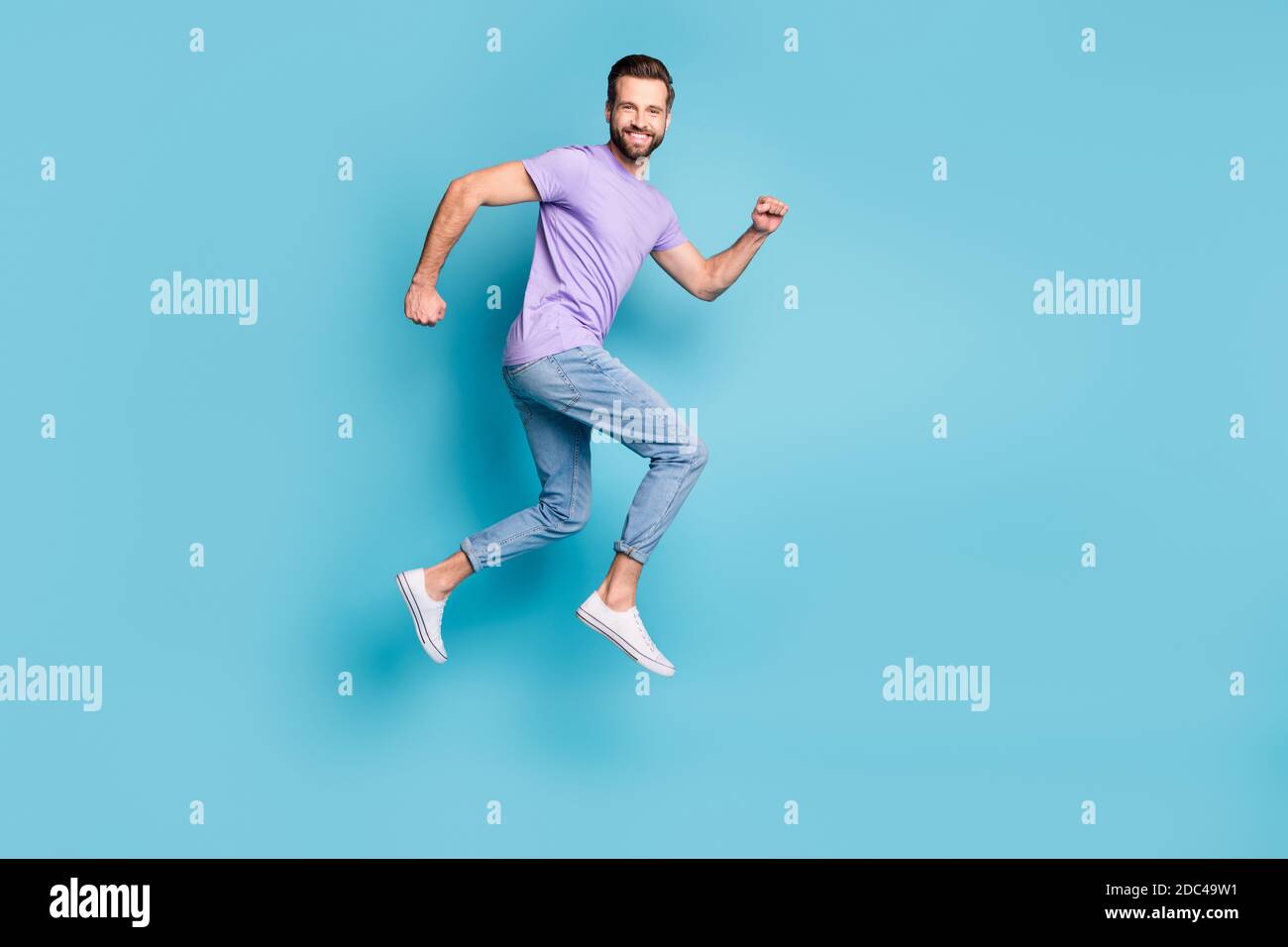 Full length body size side profile photo of young bearded student ...