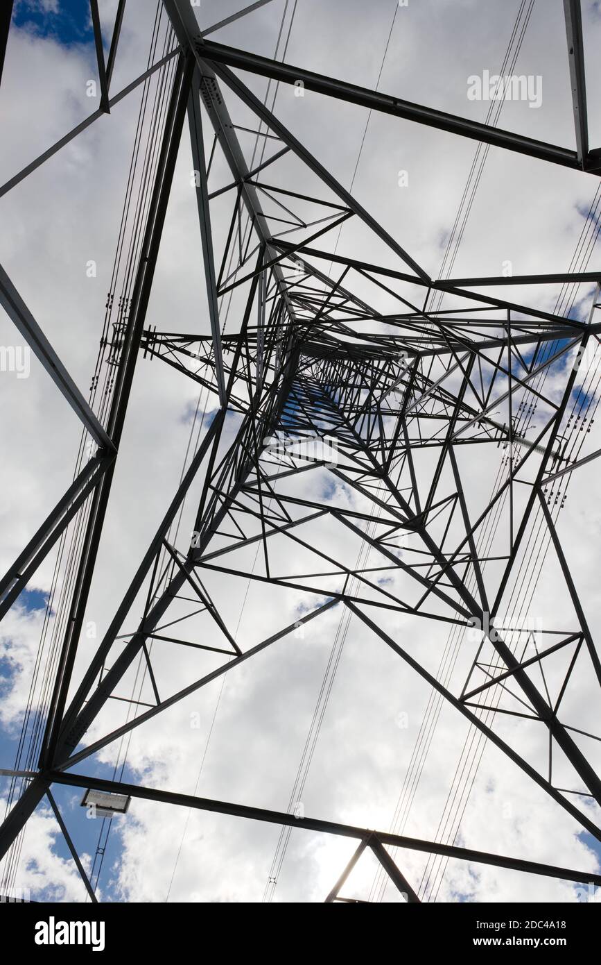 Interior corner of industrial electrical transmission pylon. Cloudy ...