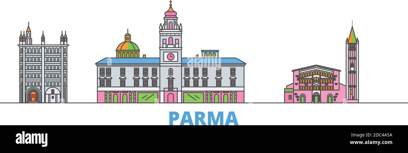 Italy, Parma line cityscape, flat vector. Travel city landmark, oultine ...
