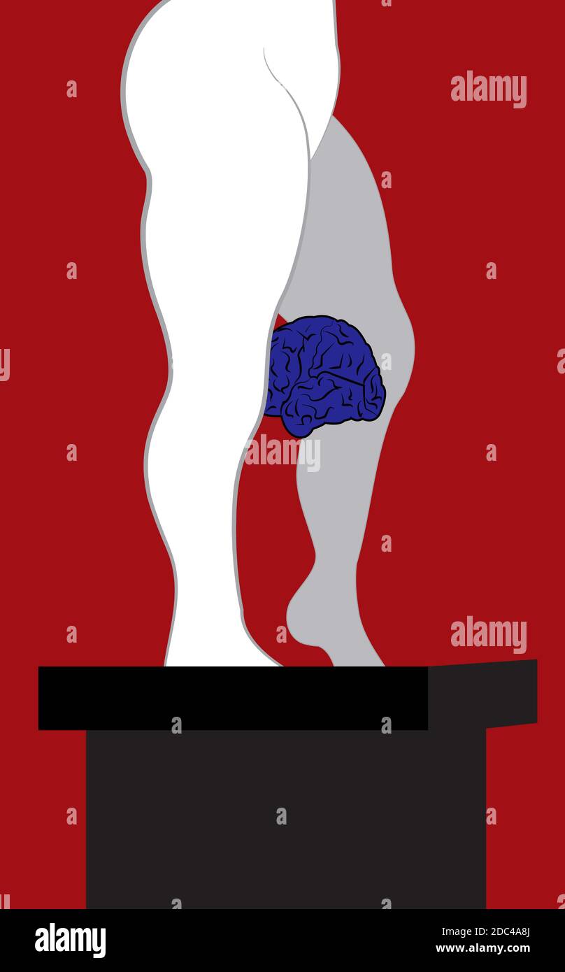illustration of a statue of a man with a brain between its legs ...