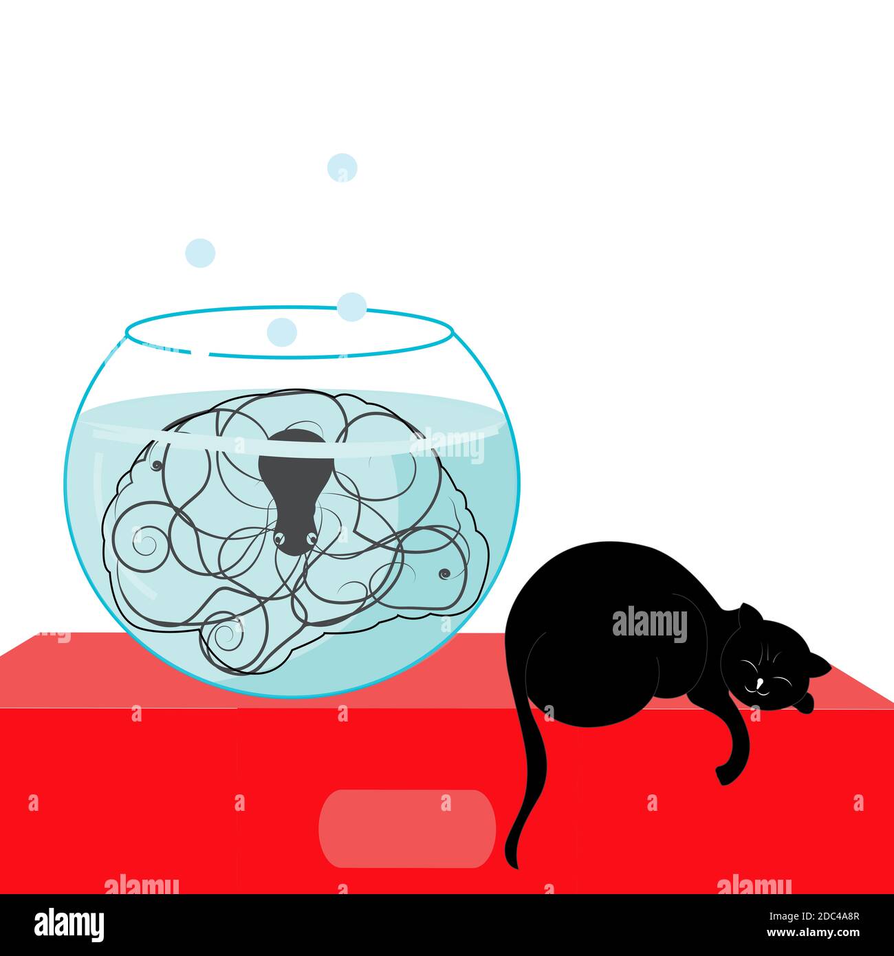 illustration of a cat sleeping on a red table next to a bowl with an ...