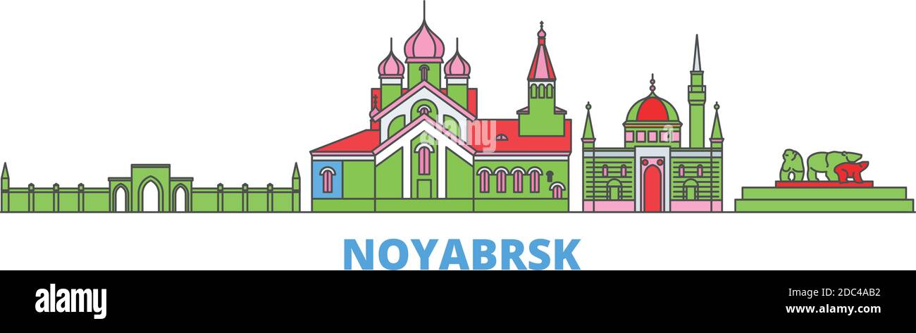 Russia, Noyabrsk line cityscape, flat vector. Travel city landmark ...
