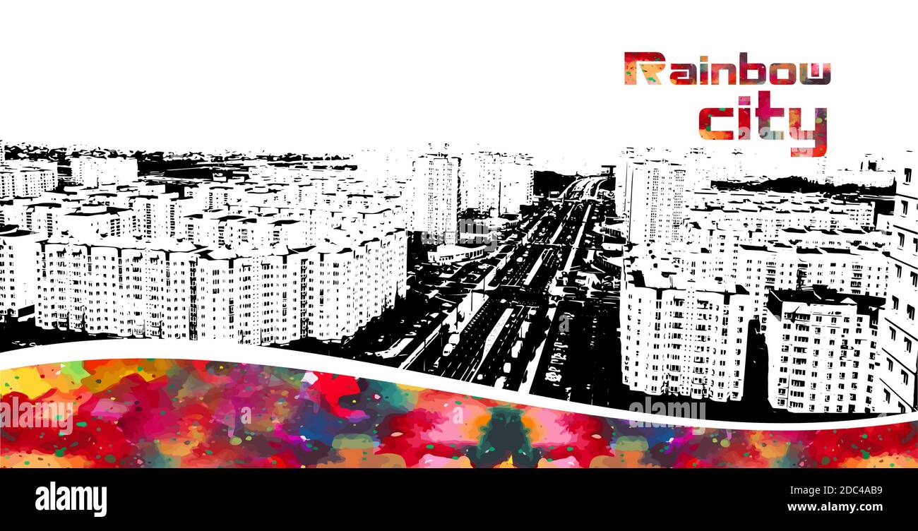 Trace City. There are many houses on the street. Vector illustration ...