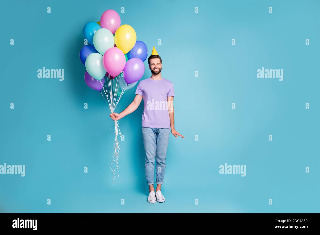 Full length body size photo of funny birthday man with balloons wearing ...