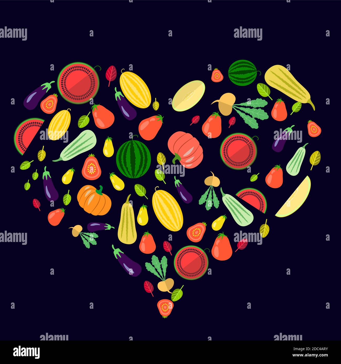 set of vegetables in the form of heart on dark blue background Stock ...