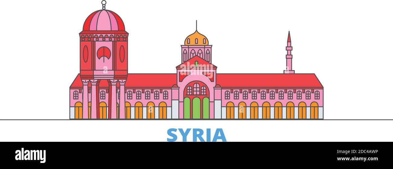 Syria line cityscape, flat vector. Travel city landmark, oultine ...