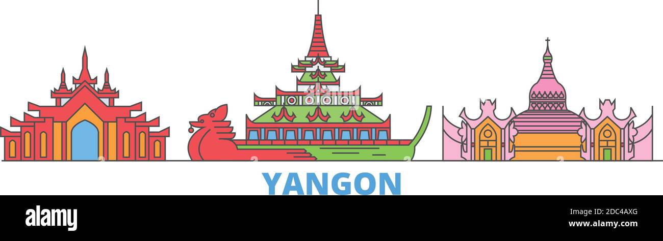Myanmar, Yangon line cityscape, flat vector. Travel city landmark ...