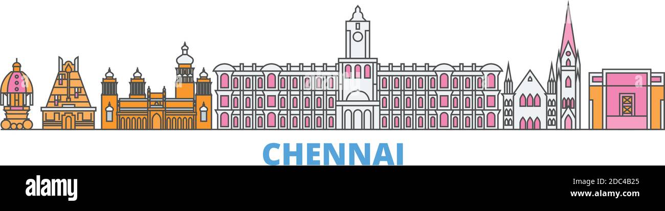 India, Chennai line cityscape, flat vector. Travel city landmark ...