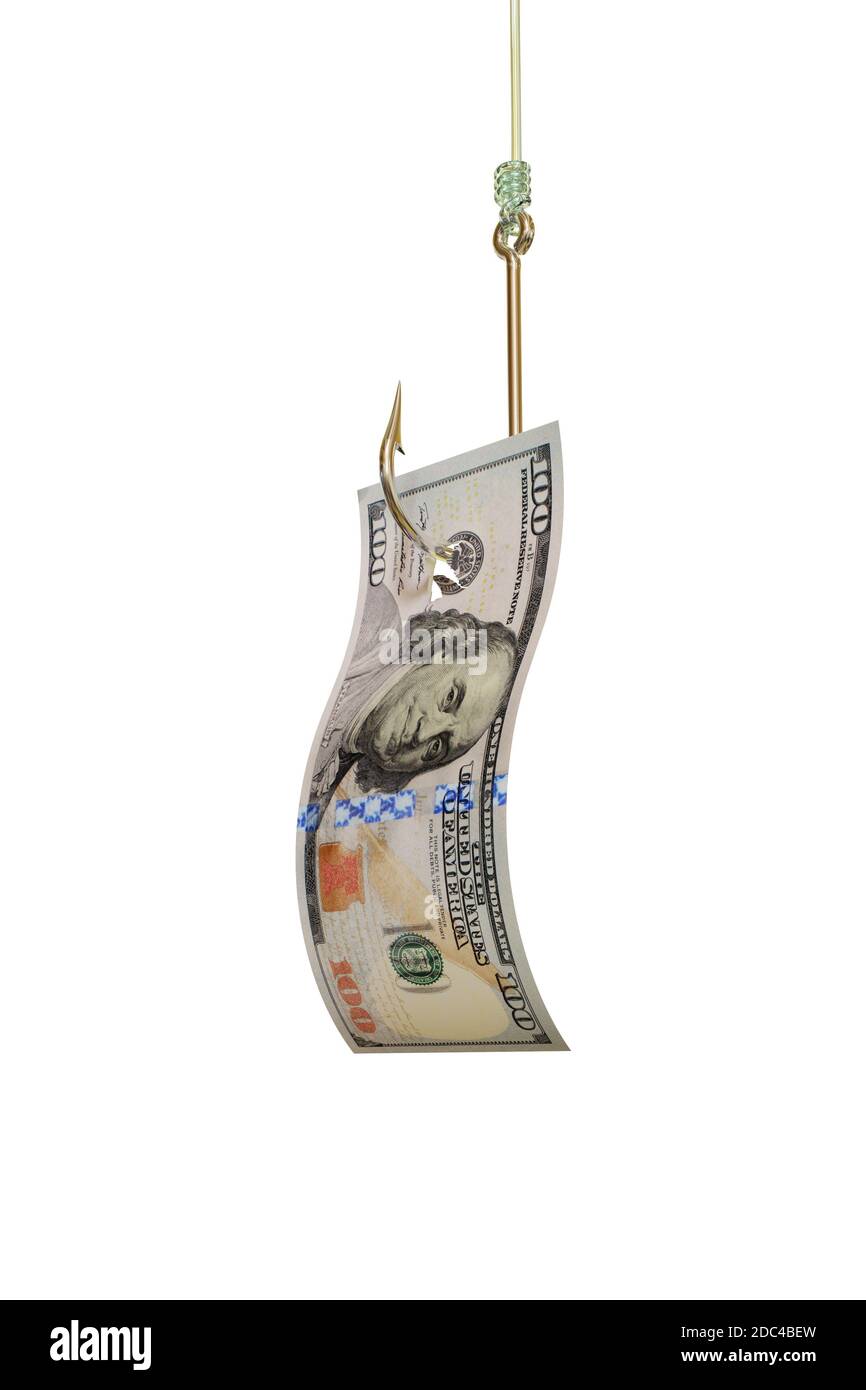 Dollar bill on fishing hook, isolated on white background. Catching ...