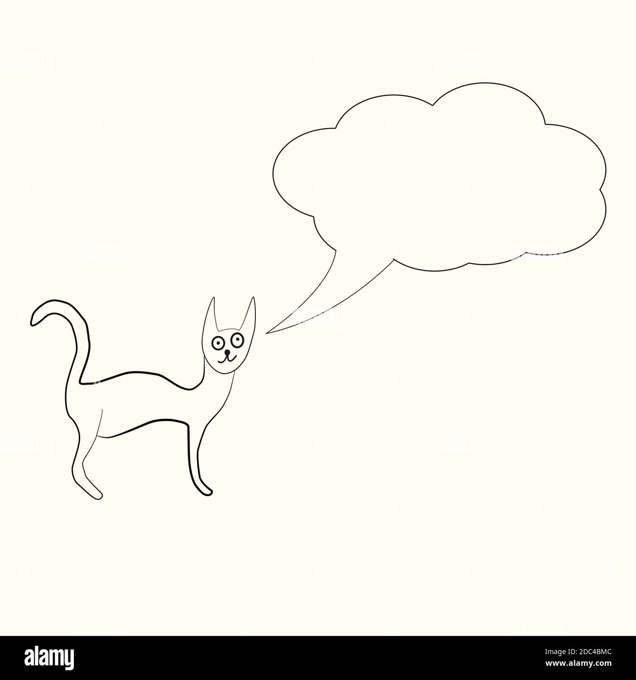 Odd funny primitive style cat with text bubble. Freehand drawing, line ...