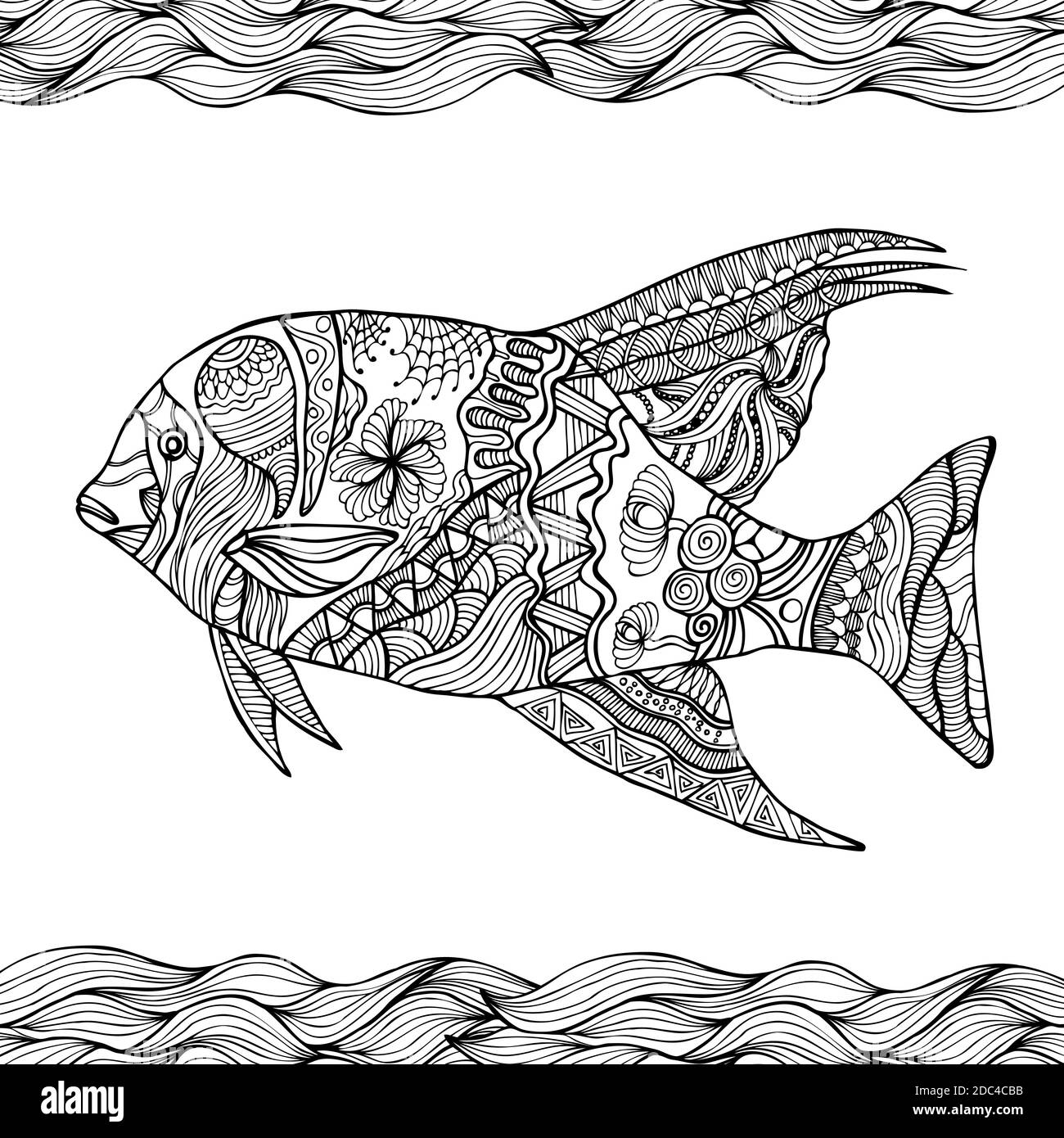 Hand drawn stylized fish with doodle, zentangle, floral, vintage ...