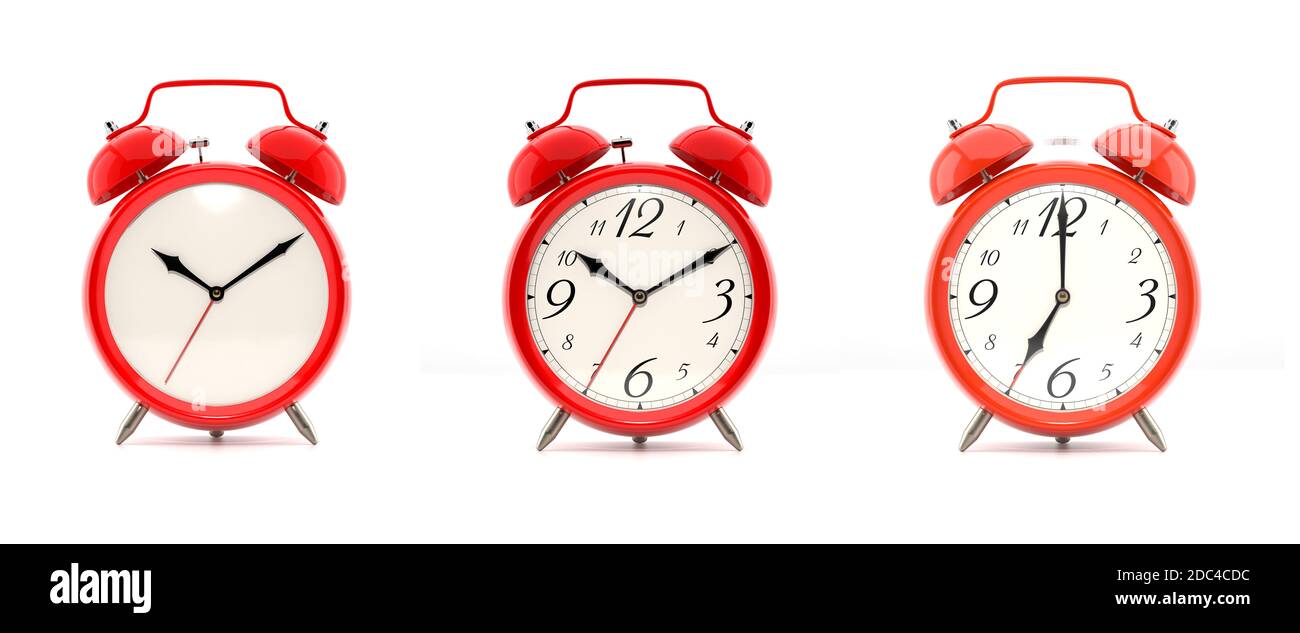 Set of 3 alarm clocks isolated on white background. Vintage style red ...