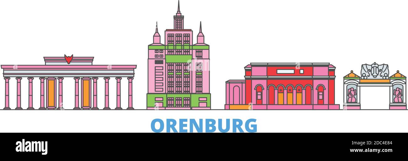 Russia, Orenburg line cityscape, flat vector. Travel city landmark ...