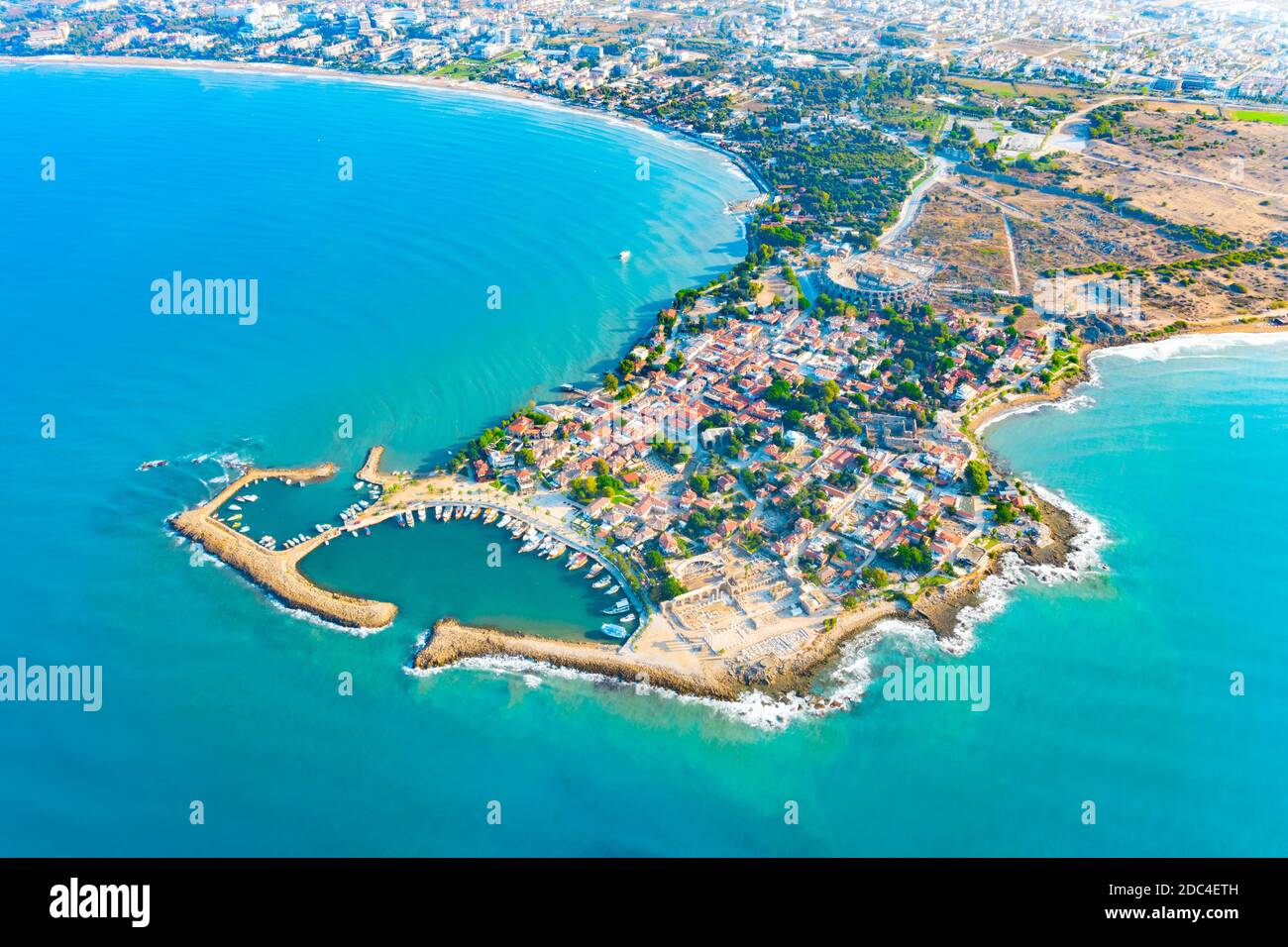 Aerial view of ancient Side town, Antalya Province, Turkey Stock Photo ...