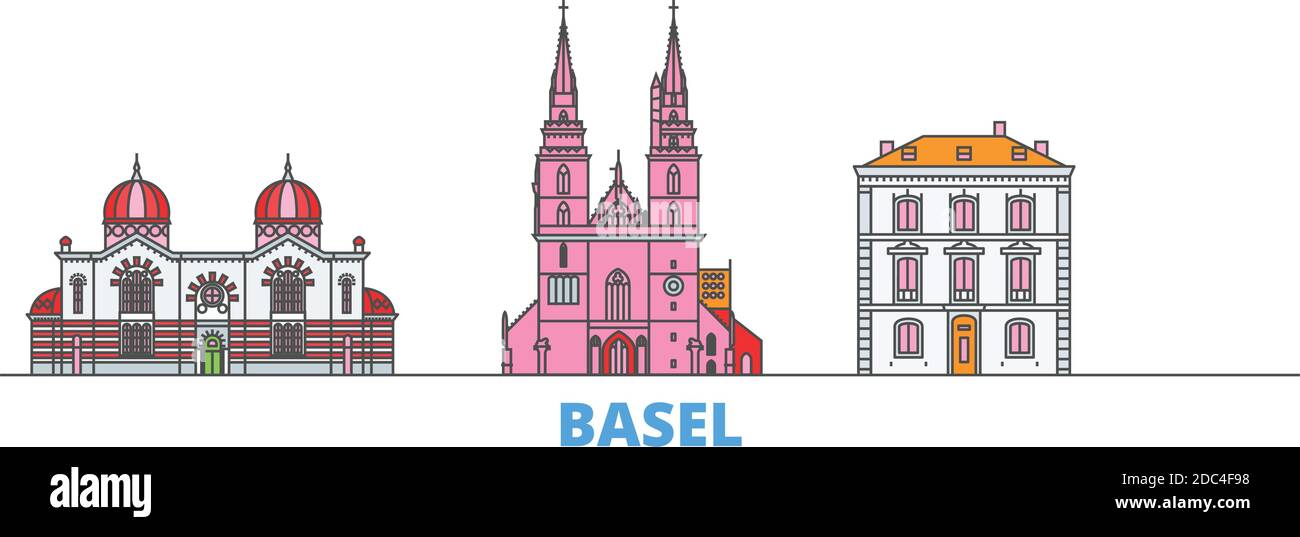 Switzerland, Basel line cityscape, flat vector. Travel city landmark ...